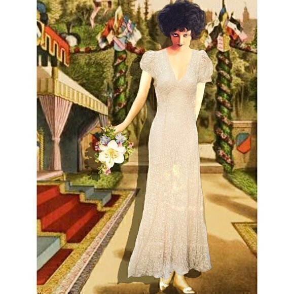Vintage | Dresses | 93s Champaign Cream Sheer Net Bias Cut Eyelet Lace ...